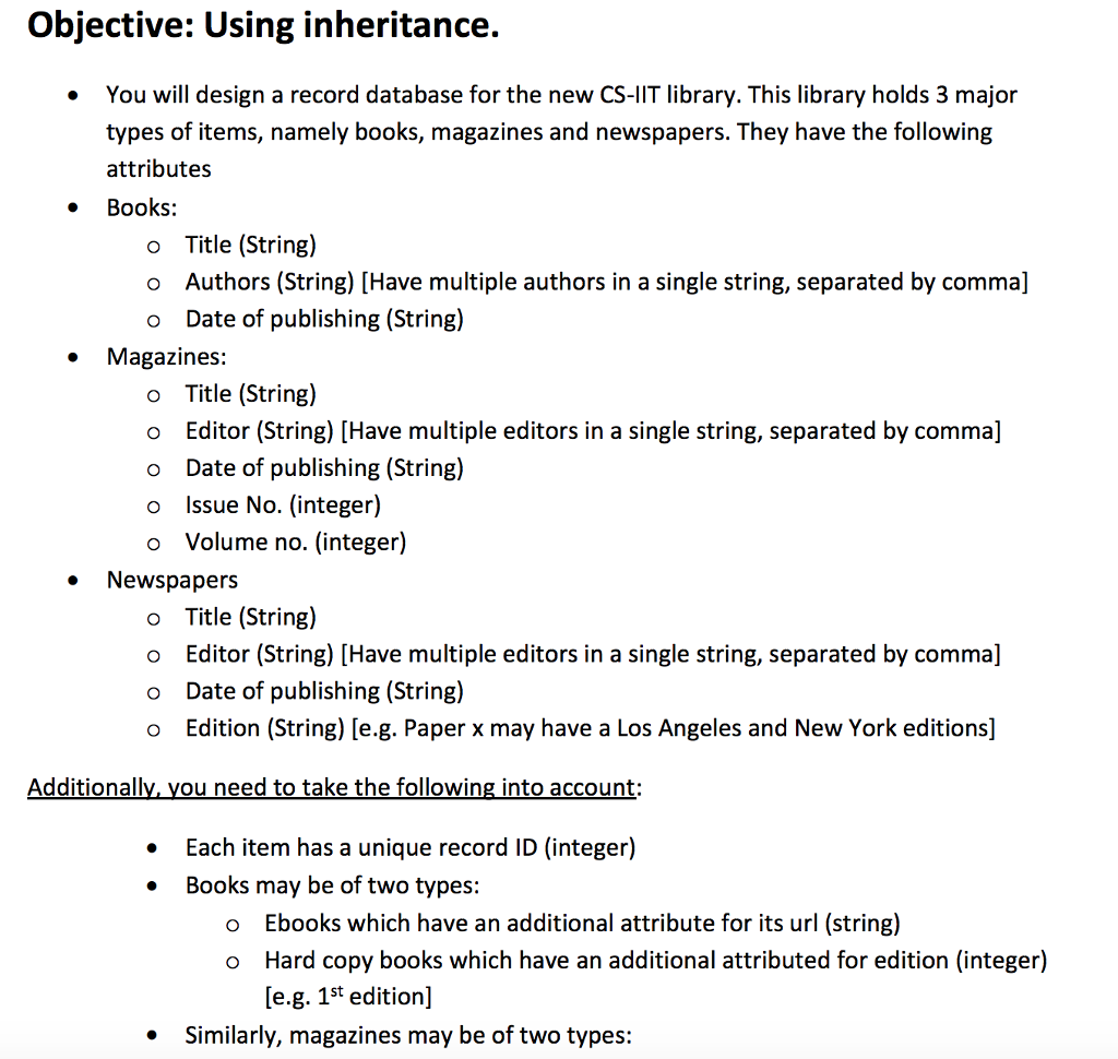 Objective: Using inheritance. You will design a | Chegg.com