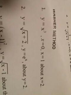 Solved WASHER METHOD 1. y=x',x=0, x=l about x-2 2. y =-/x + | Chegg.com