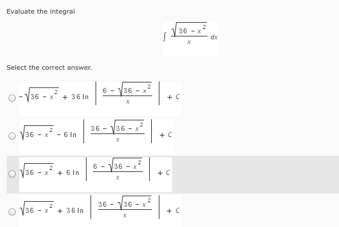 Solved Evaluate the integral integral Squareroot 36 - x^2/x | Chegg.com