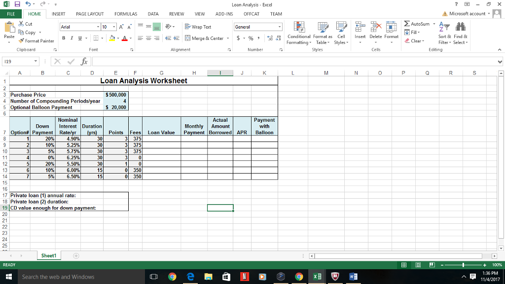 Loan Analysis Excel FILE HOME INSERT PAGE | Chegg.com