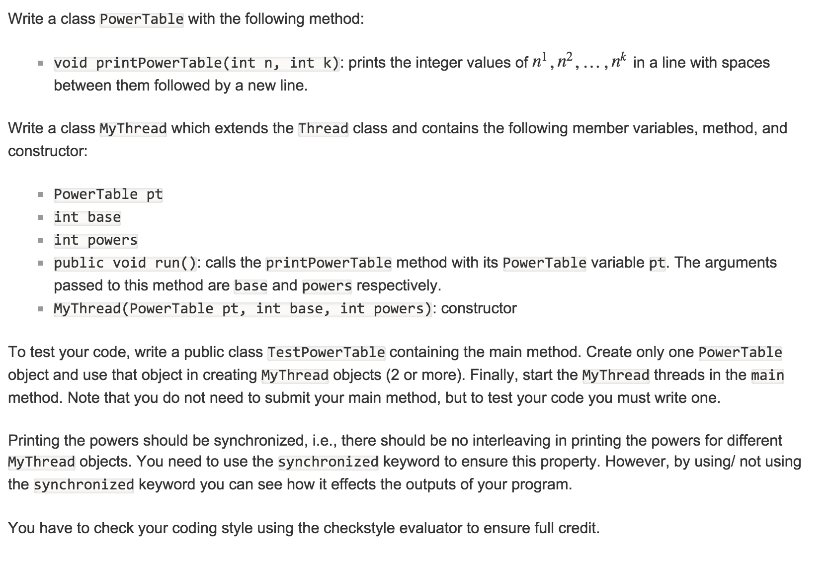Solved Write a class PowerTable with the following method: | Chegg.com