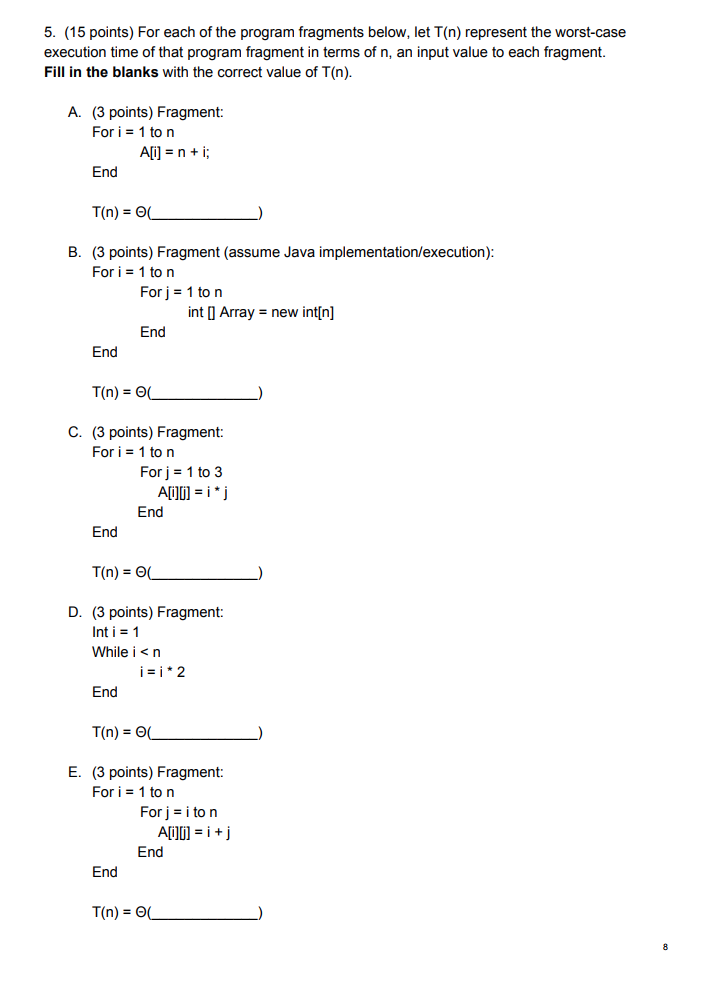 Solved 5. (15 points) For each of the program fragments | Chegg.com