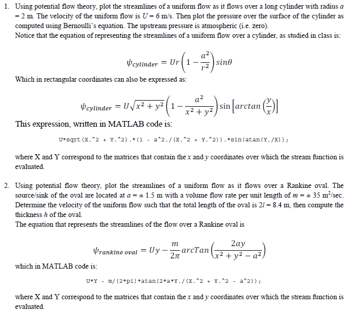 1. Using potential flow theory, plot the streamlines | Chegg.com