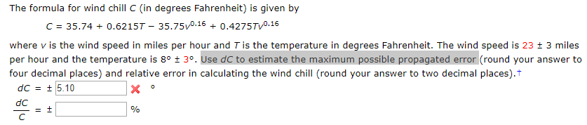 Solved The formula for wind chill C (in degrees Fahrenheit) | Chegg.com