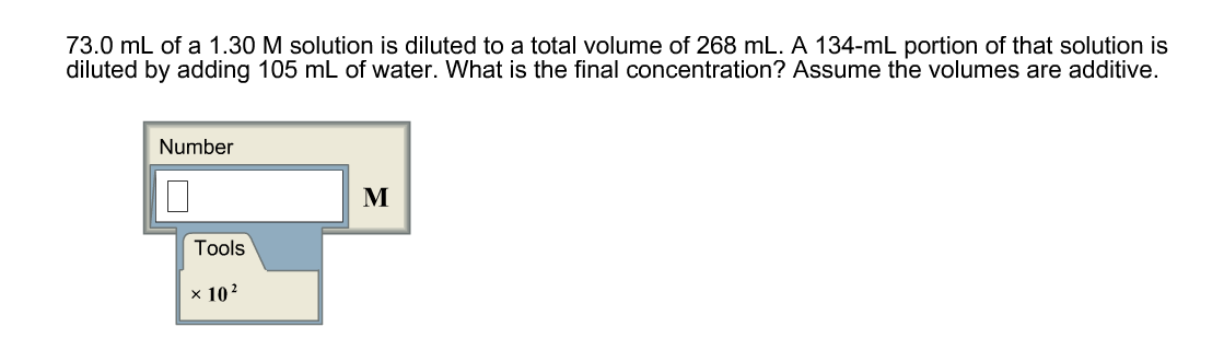 Solved 73.0 mL of a 1.30 M solution is diluted to a total | Chegg.com