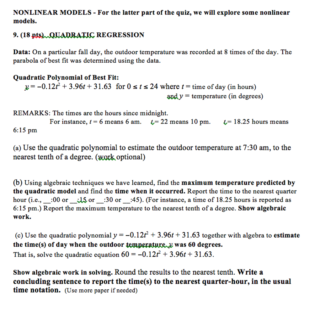 Solved QUADRATIC REGRESSION Data: On a particular fall day, | Chegg.com