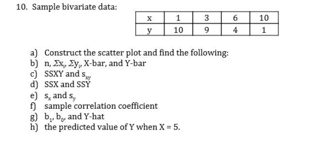 Solved 10. Sample bivariate data: 3 6 10 y 10 9 4 a) | Chegg.com