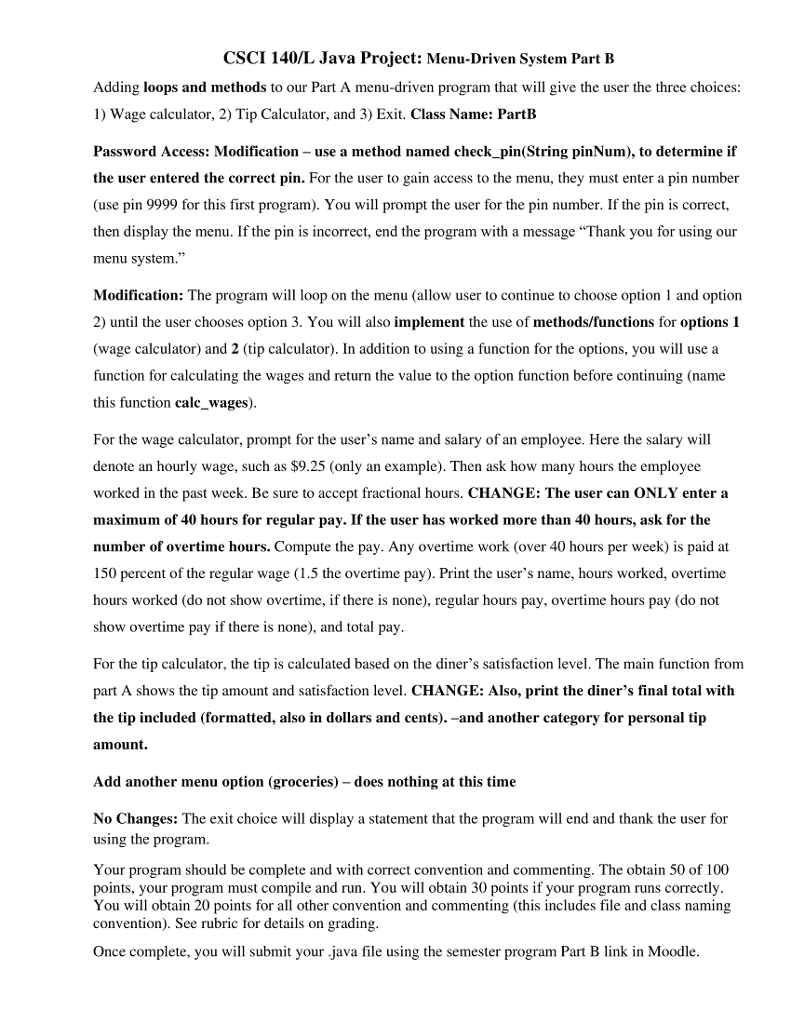 CSCI 140/L Java Project: Menu-Driven System Part A | Chegg.com