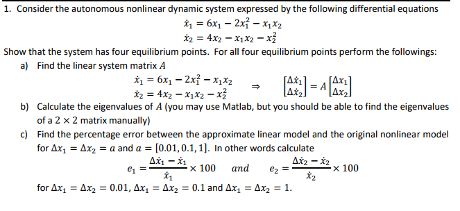 Solved 1. Consider the autonomous nonlinear dynamic system | Chegg.com