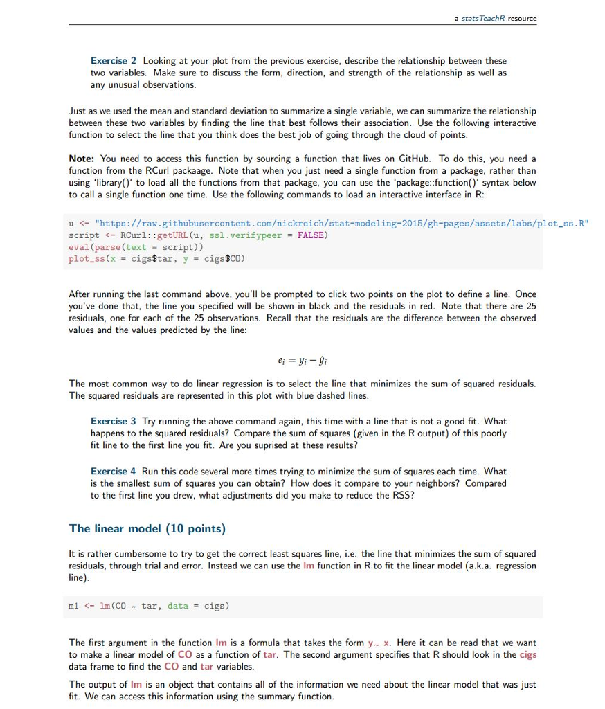 Solved a statsTeachR resource Lab 3: Introduction to linear | Chegg.com