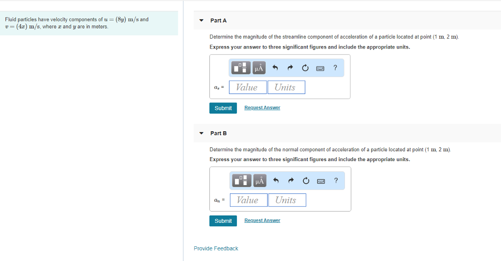 Solved Fluid particles have velocity components of u=(8y)m/s | Chegg.com
