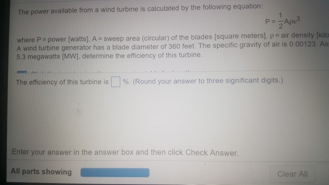 Solved The power available from a wind turbine is calculated | Chegg.com