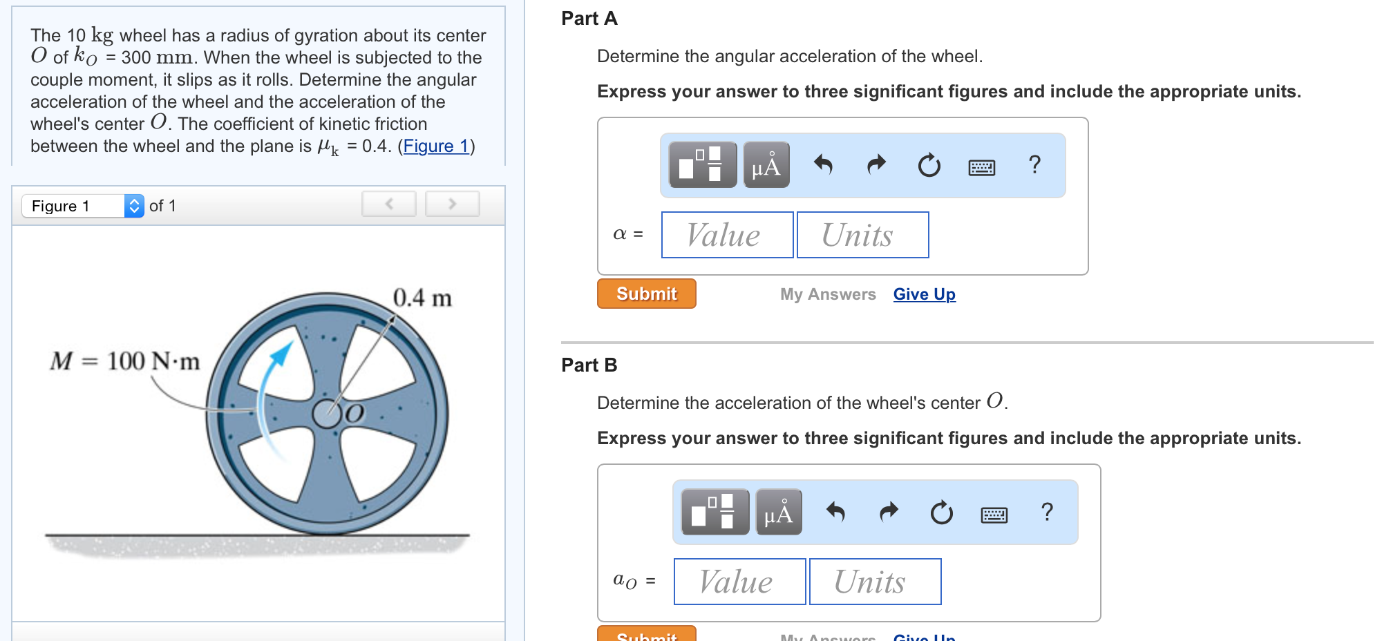 Solved The 10 kg wheel has a radius of gyration about its | Chegg.com