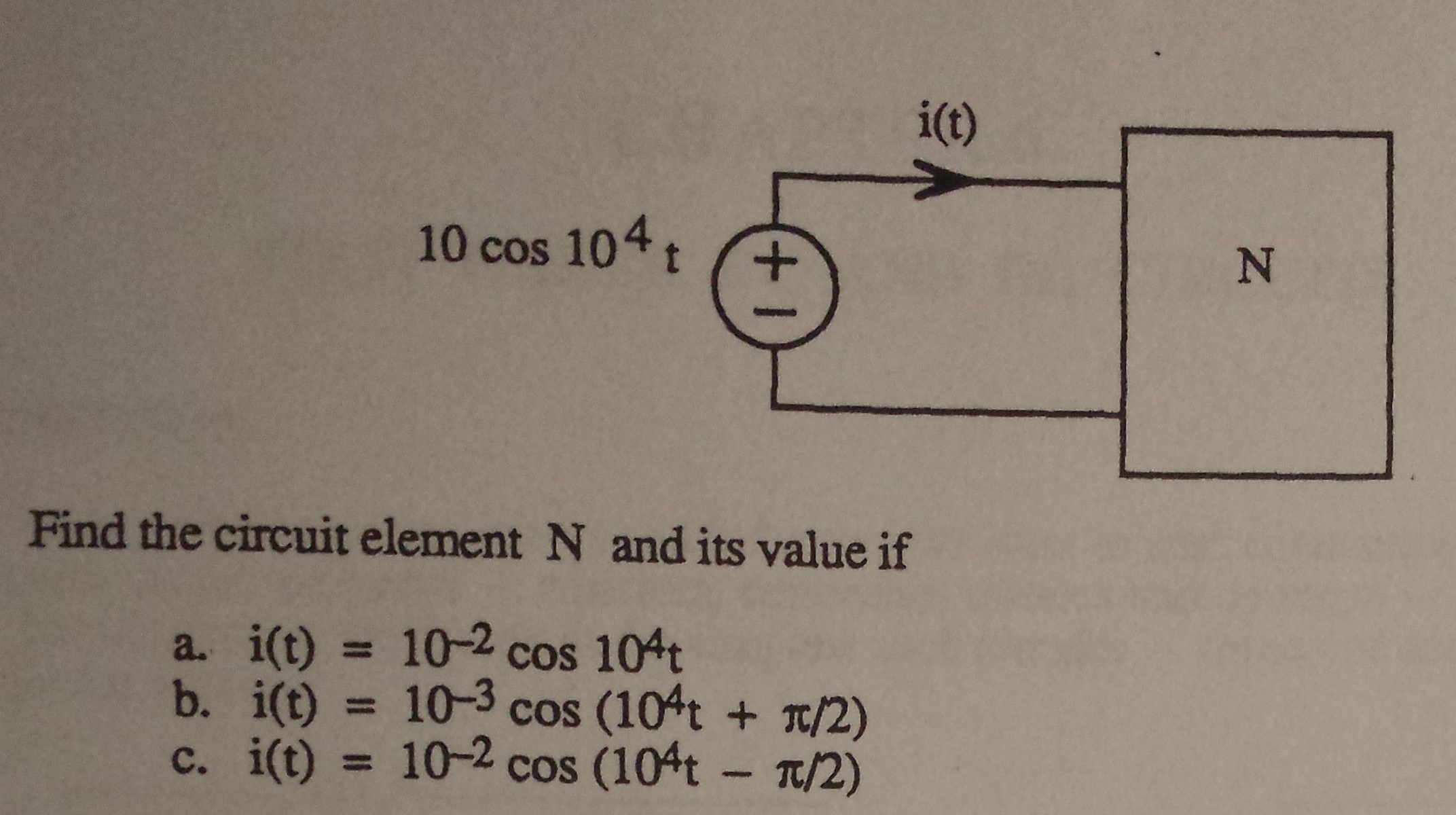 Solved Find the circuit element N and its value if i(t) = | Chegg.com