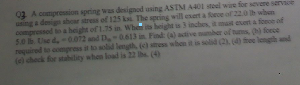 Solved 03 A compression spring was designed using ASTM A401 | Chegg.com