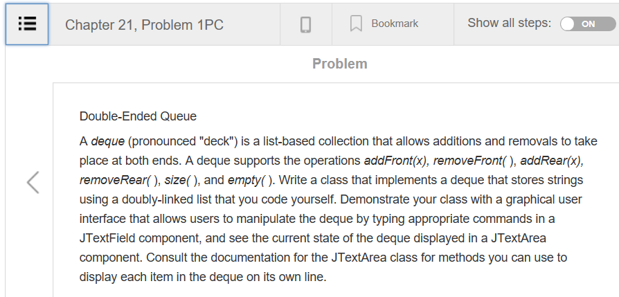Solved Implement a deque as described in challenge 1 (posted | Chegg.com