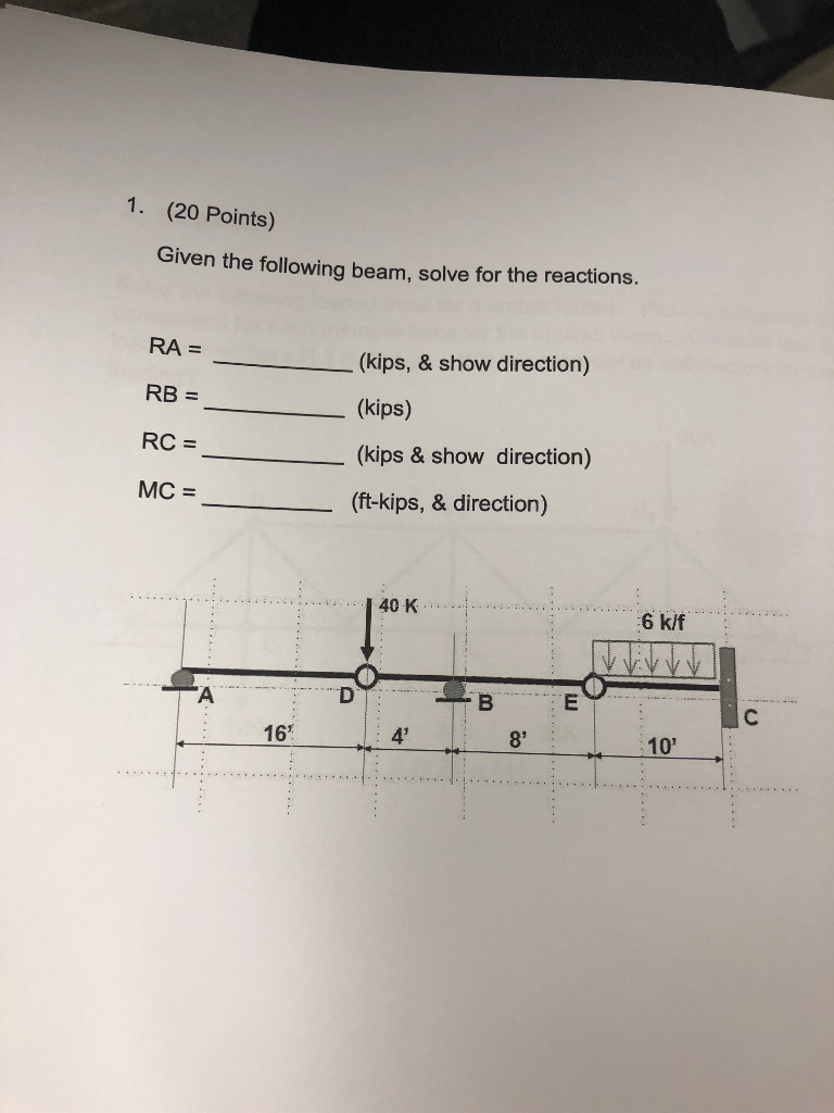 Solved 1. (20 Points) Given the following beam, solve for | Chegg.com
