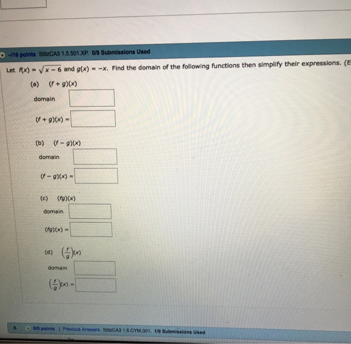 Solved Let f(x) = square root x - 6 and g(x) = -x. Find the | Chegg.com