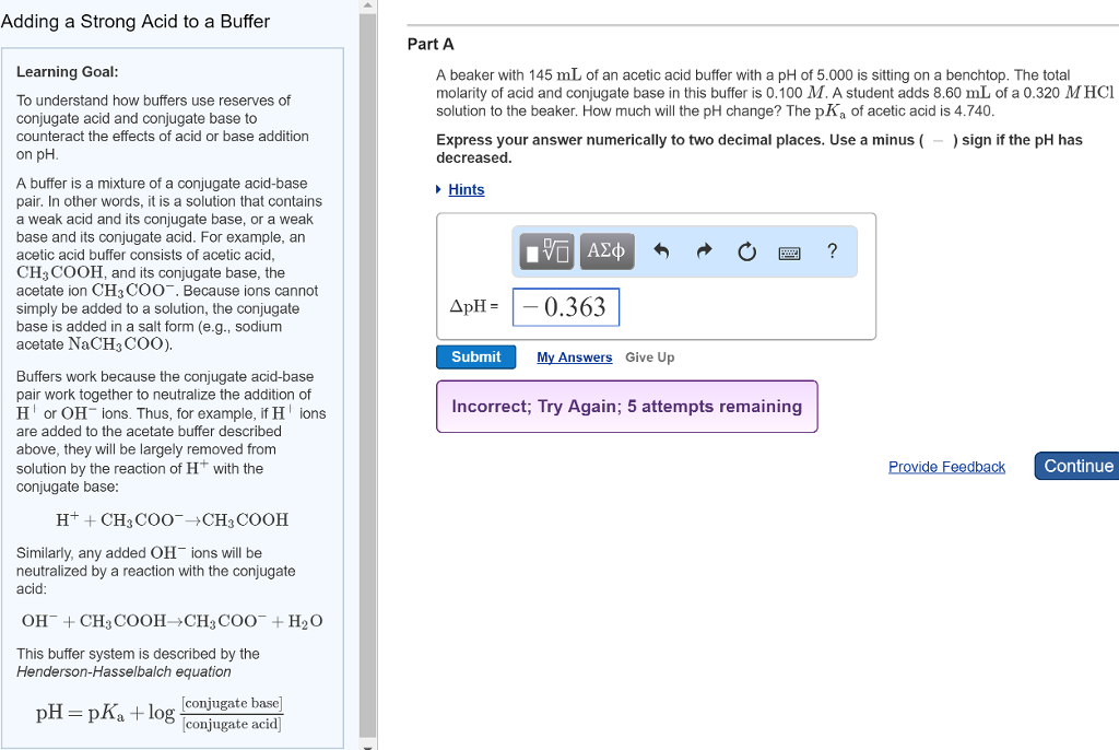 Solved Adding a strong Acid to a Buffer Part A Learning Goal | Chegg.com