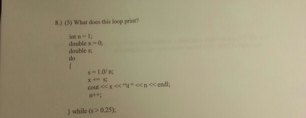 Solved What does this loop print? int n = 1; double x = 0; | Chegg.com