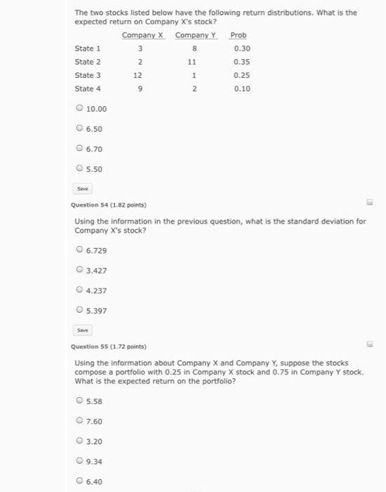 Solved The two stocks listed below have the following return | Chegg.com