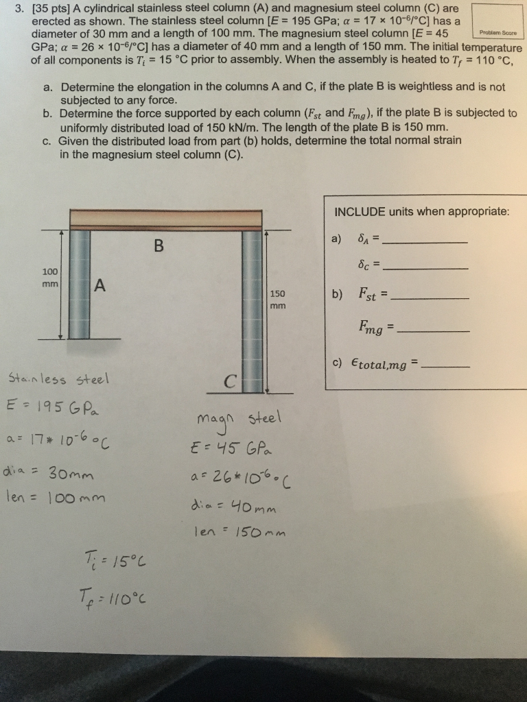 Solved 3. [35 pts] A cylindrical stainless steel column (A) | Chegg.com