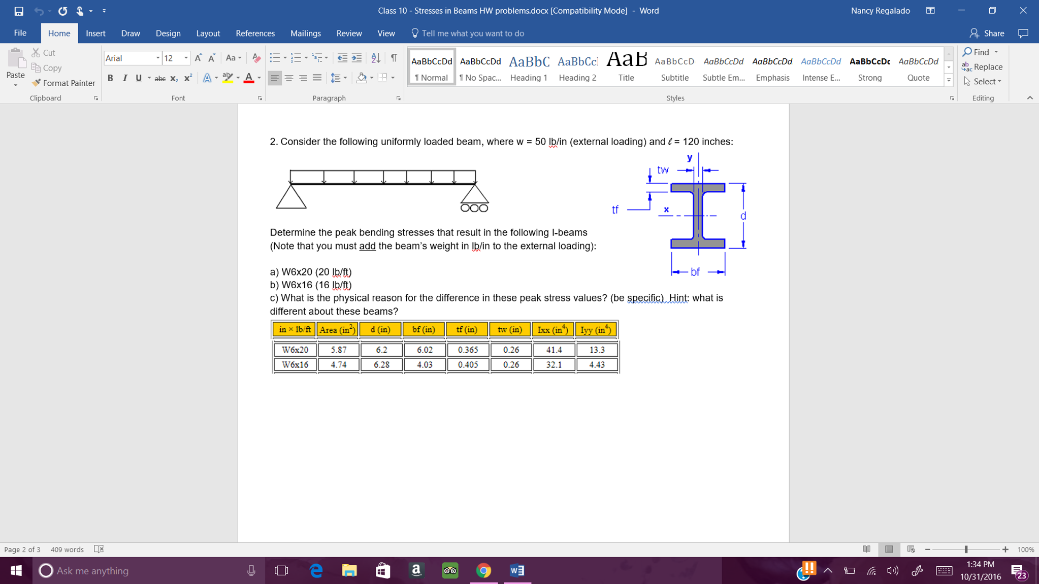 Solved Consider the following uniformly loaded beam, where w | Chegg.com