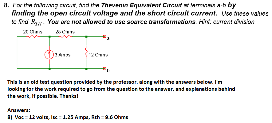 Solved 8. For the following circuit, find the Thevenin | Chegg.com
