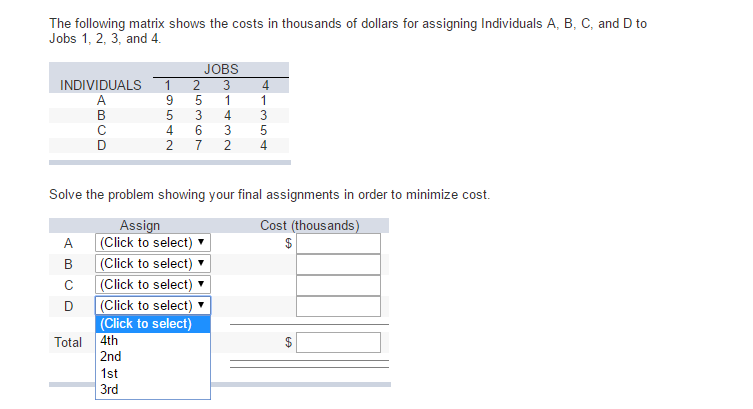 Solved The following matrix shows the costs in thousands of | Chegg.com