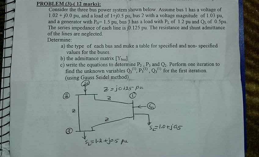 Solved PROBLEM 3)-(12 marks): Consider the three bus power | Chegg.com