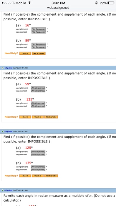 Solved Find the complement and supplement of each angle. (If | Chegg.com