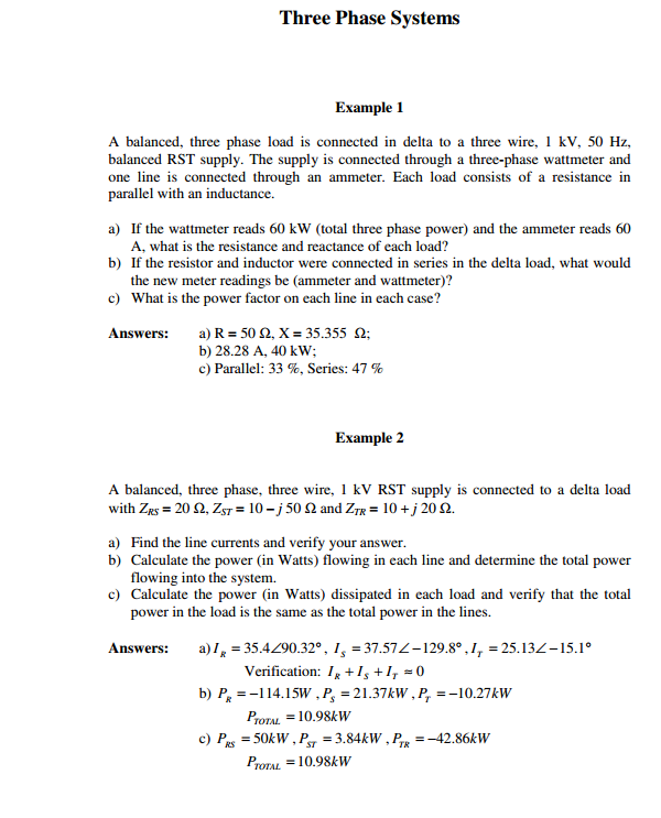 Solved Three Phase Systems Example 1 A balanced, three phase | Chegg.com