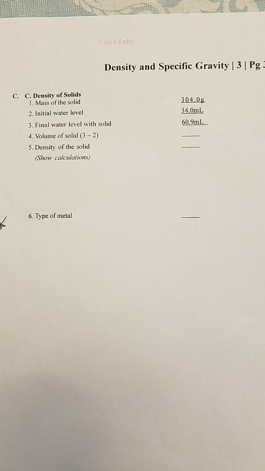 Solved Unit 1 Labs Density and Specific Gravity | 3 | Pg 31 | Chegg.com