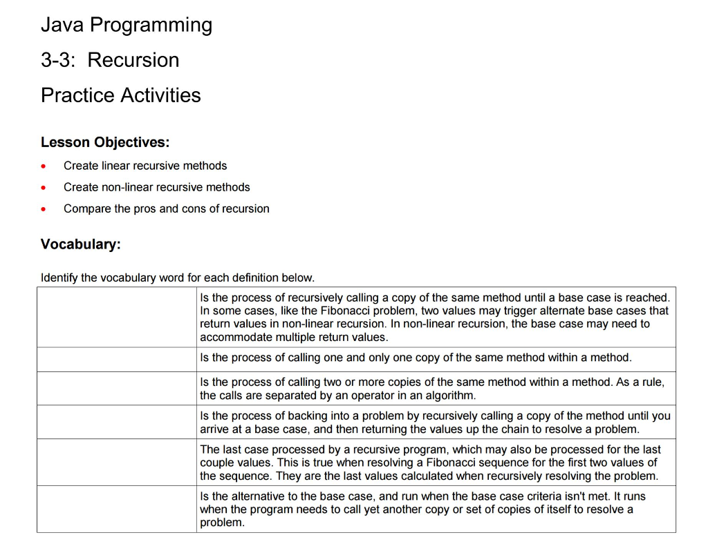 Solved Create linear recursive methods Create non-linear | Chegg.com