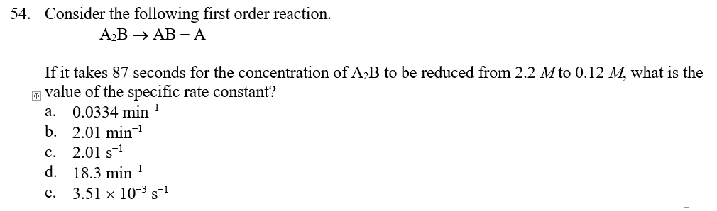 Solved 54. Consider the following first order reaction. A:B | Chegg.com