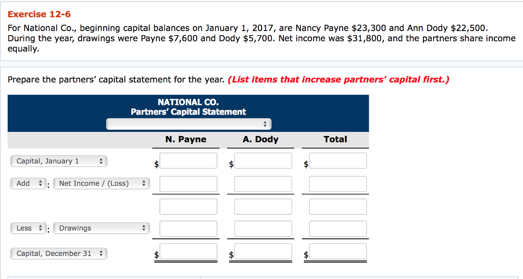 Solved Exercise 12-6 For National Co., beginning capital | Chegg.com