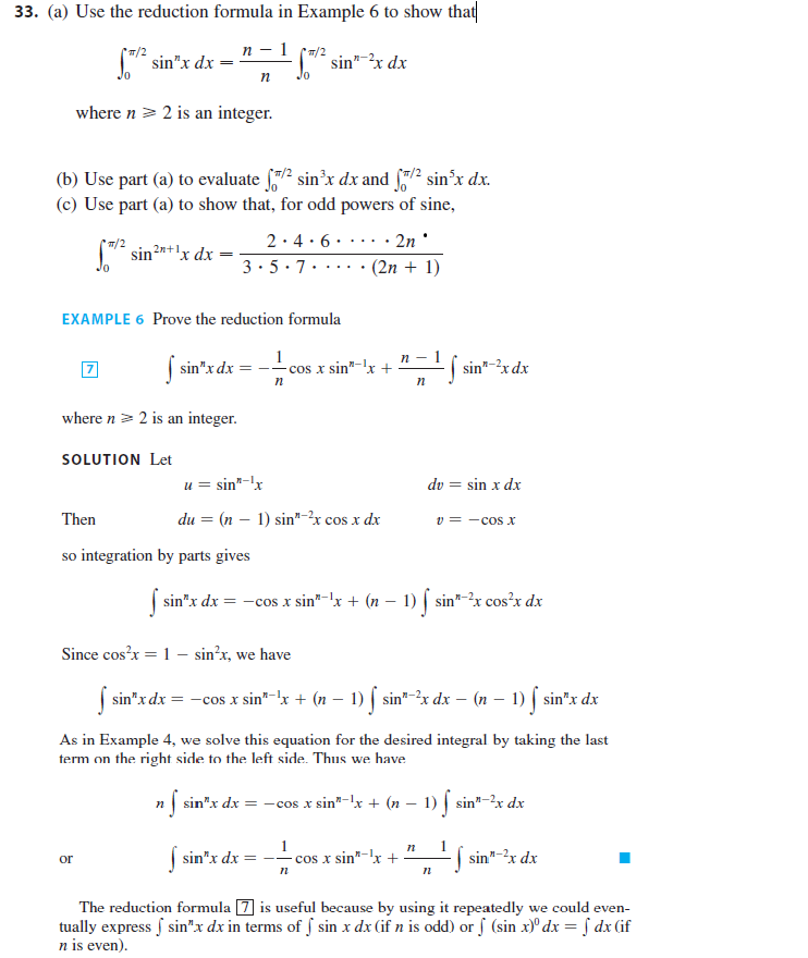 Solved Use the reduction formula in Example 6 to show that | Chegg.com