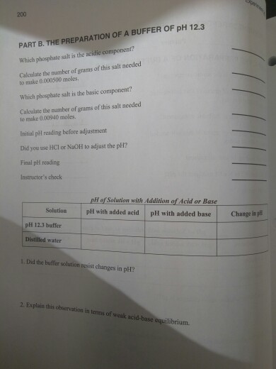 200 PART B. THE PREPARATION OF A BUFFER OF pH 12.3 | Chegg.com