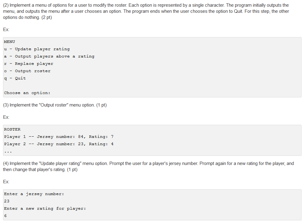 Solved (2) Implement a menu of options for a user to modify | Chegg.com
