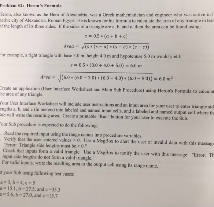 Solved Problem #2: Heron's Formula Heron, also known as the | Chegg.com