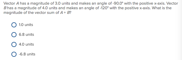 Solved Vector A has a magnitude of 3.0 units and makes an | Chegg.com