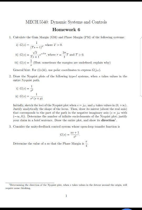 Solved MECH.5540: Dynamic Systems and Controls Homework 6 1. | Chegg.com