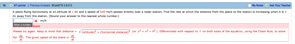 Solved 10. 0/1 points | Previous Answers SCalcET8 3.9.013. | Chegg.com