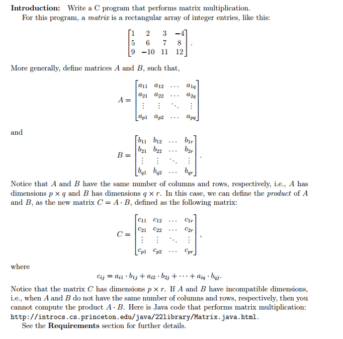 Solved Introduction: Write a C program that performs matrix | Chegg.com