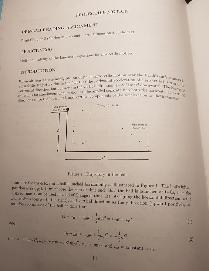 Solved PROJECTILE MOTION 15 Pre-Lab Exercise: In the space | Chegg.com