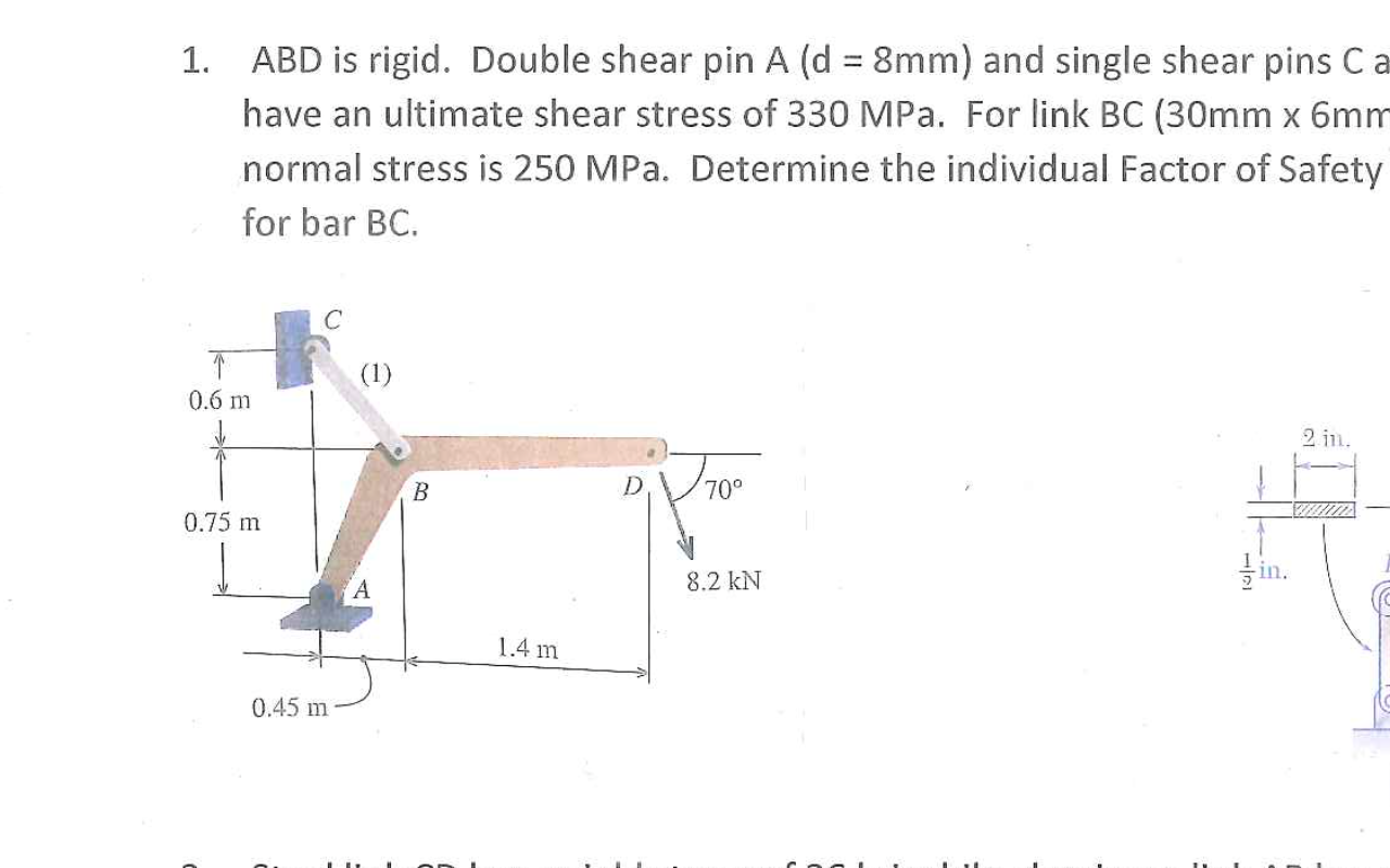 Solved 1.ABD is rigid. Double shear pin A(d=8mm) and single | Chegg.com