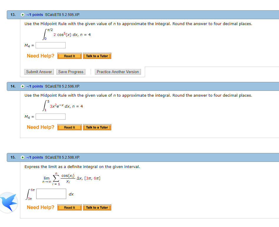 Solved 13. 1 points SCalcET8 5.2.505.XP Use the Midpoint | Chegg.com
