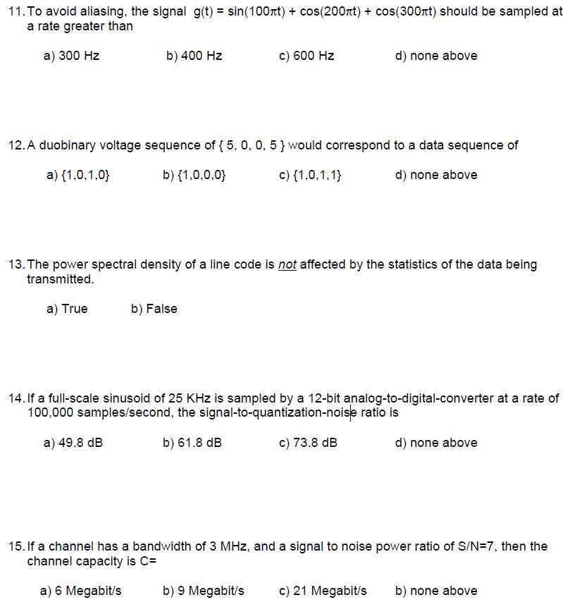 Solved 11. To avoid aliasing, the signal g(t) = sin(100mt) + | Chegg.com