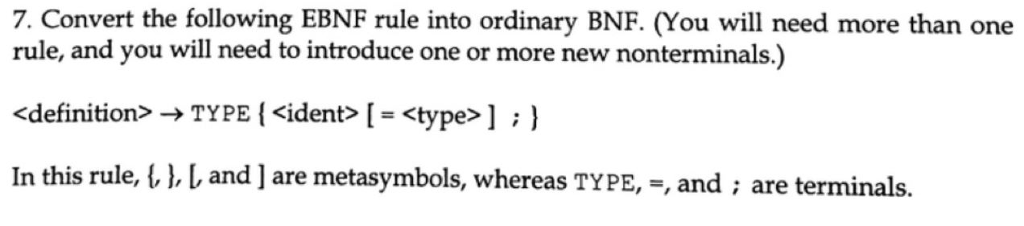 Solved 7. Convert the following EBNF rule into ordinary BNF. | Chegg.com