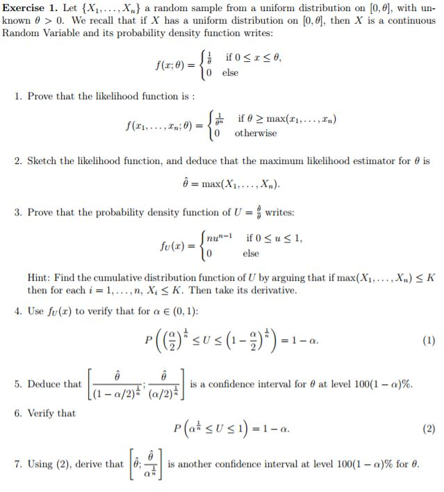 Solved Exercise 1. Let 11 a random sample from a uniform | Chegg.com